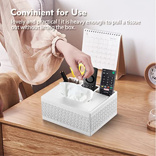 Rectangular Tissue Box Holder, PU Leather Braided Pattern Tissue Box Cover with Storage, Multifunctional Napkin Holder Tissue Dispenser Desk Organizer TV Remote, Phone, Glasses, for Home/Office Desk