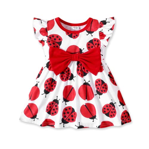 PATPAT Baby Girl Dress Cute Newborn Infant Girls Ruffle Sleeve Bowknot Dress Princess Casual Dress Ladybug 9-12 Months
