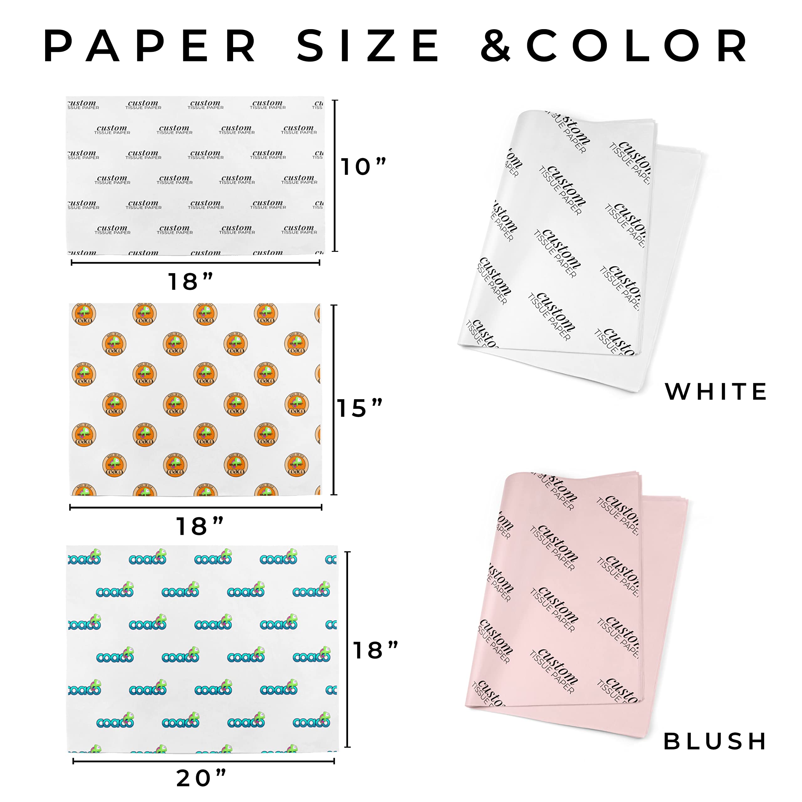 COACO Personalized Tissue Paper, Your Custom Design, Logo, or Text, Great for Holiday or Special Occasion, Small Business Packaging or Gift Wrapping, Gift Bags, 30, 50, or 100 Count, Blush (18"x10")
