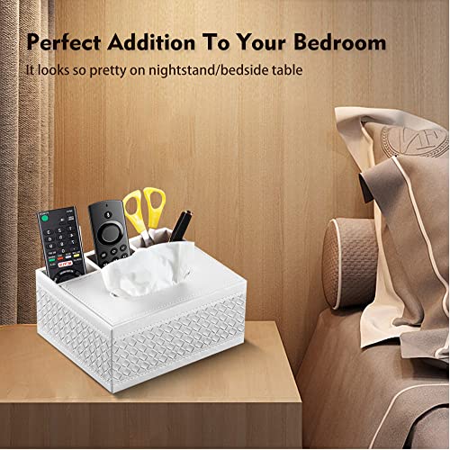 Rectangular Tissue Box Holder, PU Leather Braided Pattern Tissue Box Cover with Storage, Multifunctional Napkin Holder Tissue Dispenser Desk Organizer TV Remote, Phone, Glasses, for Home/Office Desk