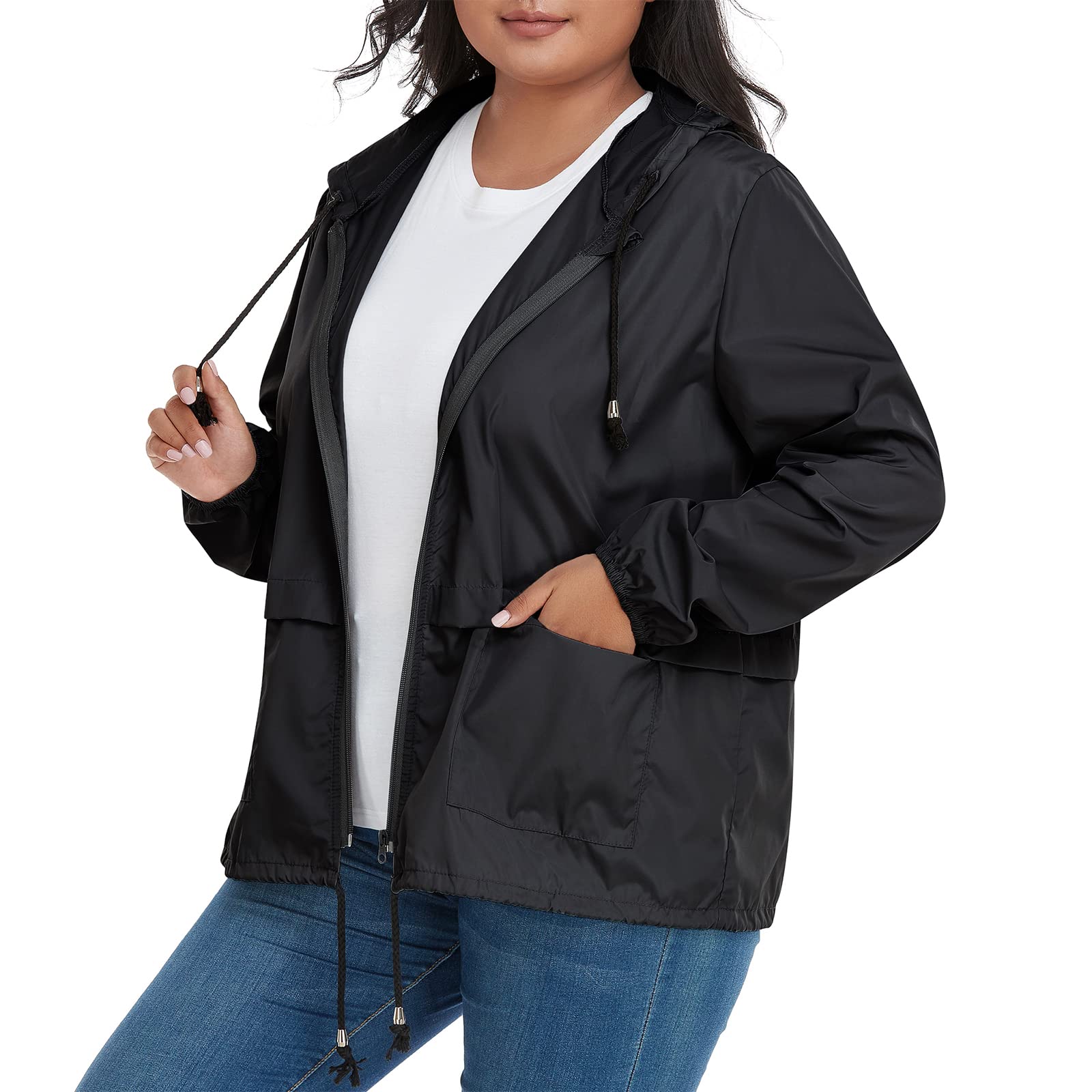 American Trends Plus Size Women Rain Coats Lightweight Waterproof Outdoor Rain Jacket Hooded Packable Windbreaker Jacket for Women A Black 4XL