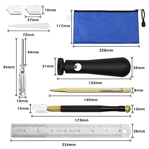 SPEEDWOX Glass Cutting Tool Kit 2mm-20mm Pencil Style Oil Feed Glass Cutter with 2 Replaceable Blades Ergonomic Assist Handle Tungsten Scribe Engraving Pen Oil Dropper Screwdrive Steel Ruler
