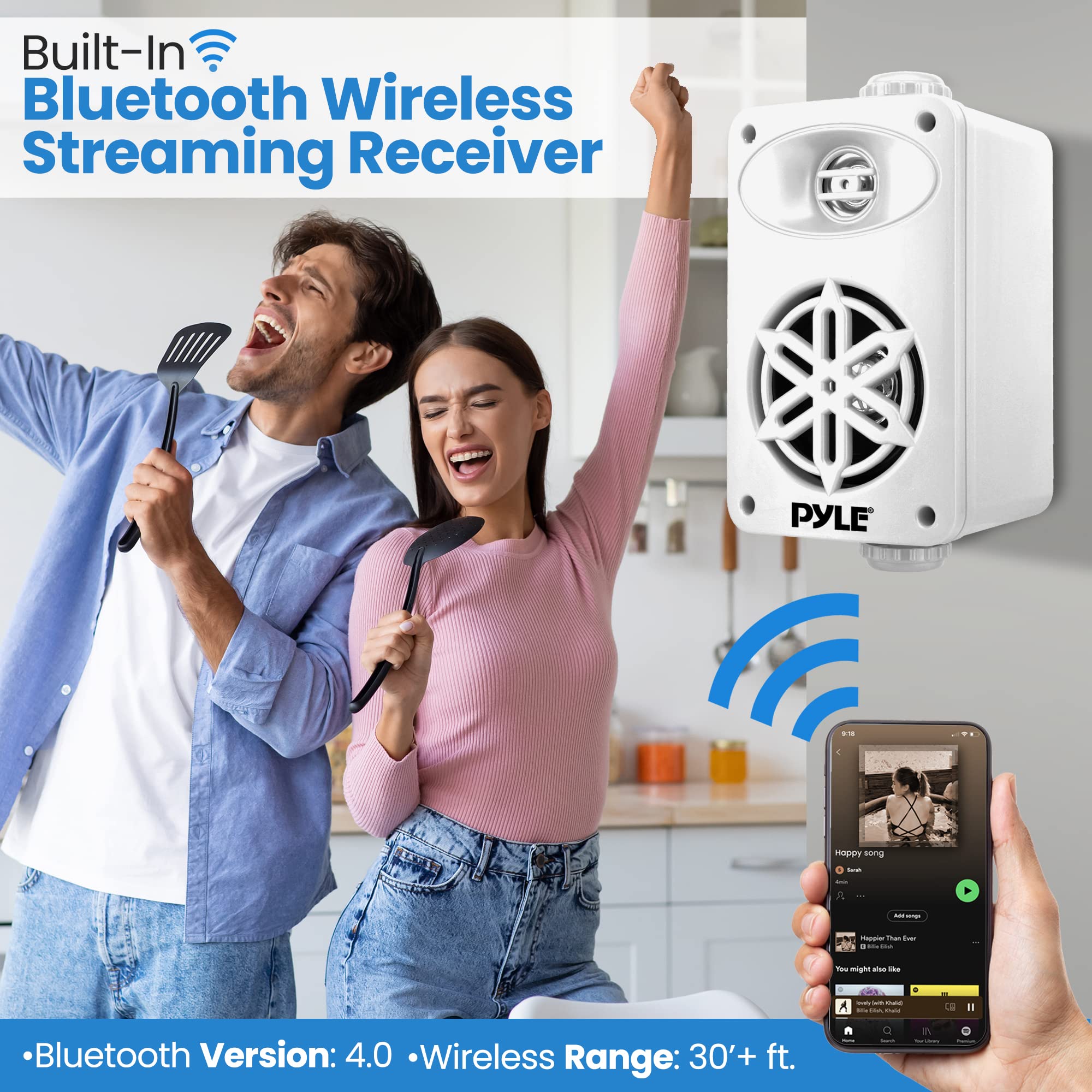 Jovial Bluetooth Indoor Outdoor Speakers Pair-200 Watt Dual Waterproof 3.5β 2-Way Full Range Speaker System w/1/2β High Compliance Polymer Tweeter-Home,Boat,Marine,Deck,Patio,Poolside(White)