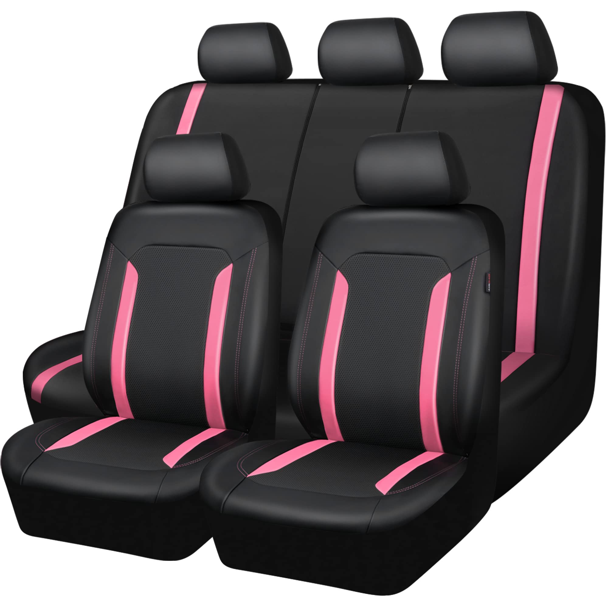 CAR PASS Black Pink Leather Car Seat Covers Full Set, Waterproof Durable Faux Leather Seat Covers 5 Seats Cushion Protector, Rear with Zipper, Airbag Fit for Women SUV Pick UpTruck Sedan Vehicle Auto