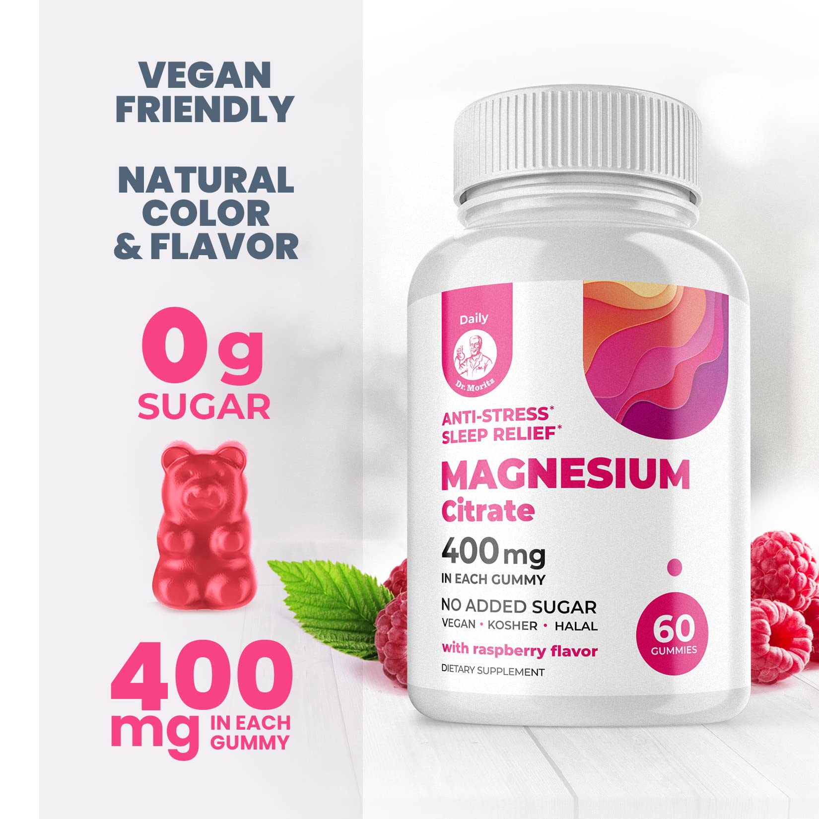 DR. MORITZ Magnesium Citrate Gummies Sugar-Free - Calm Magnesium Gummies Supplement for Children, Sugar-Free Chews for Kids & Adults (60 Count)