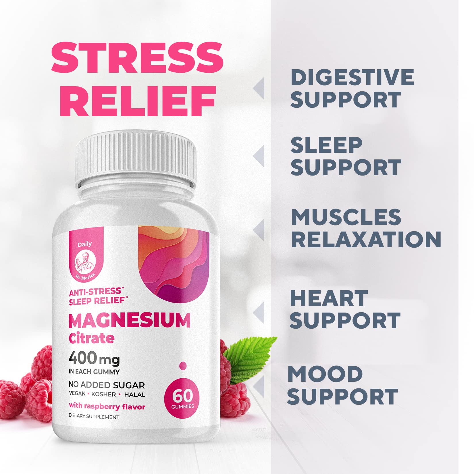 DR. MORITZ Magnesium Citrate Gummies Sugar-Free - Calm Magnesium Gummies Supplement for Children, Sugar-Free Chews for Kids & Adults (60 Count)