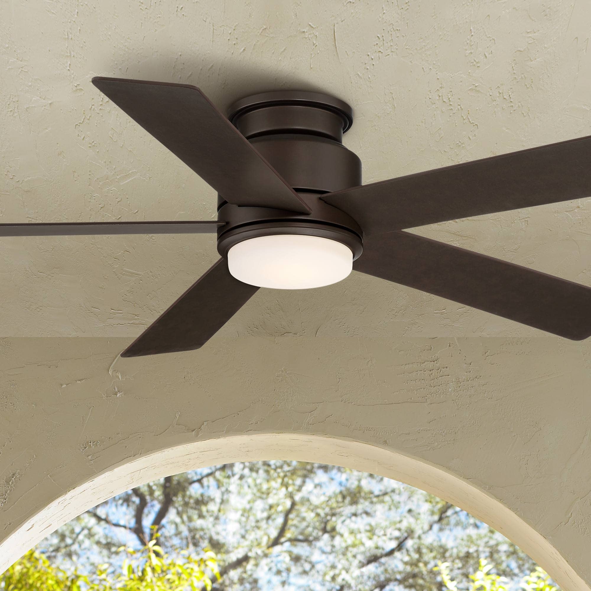 Casa Vieja 52" Grand Palm Modern Outdoor Hugger Ceiling Fan with Dimmable LED Light Remote Control Oil Rubbed Bronze White Opal Glass Damp Rated for Patio Exterior House Porch Gazebo