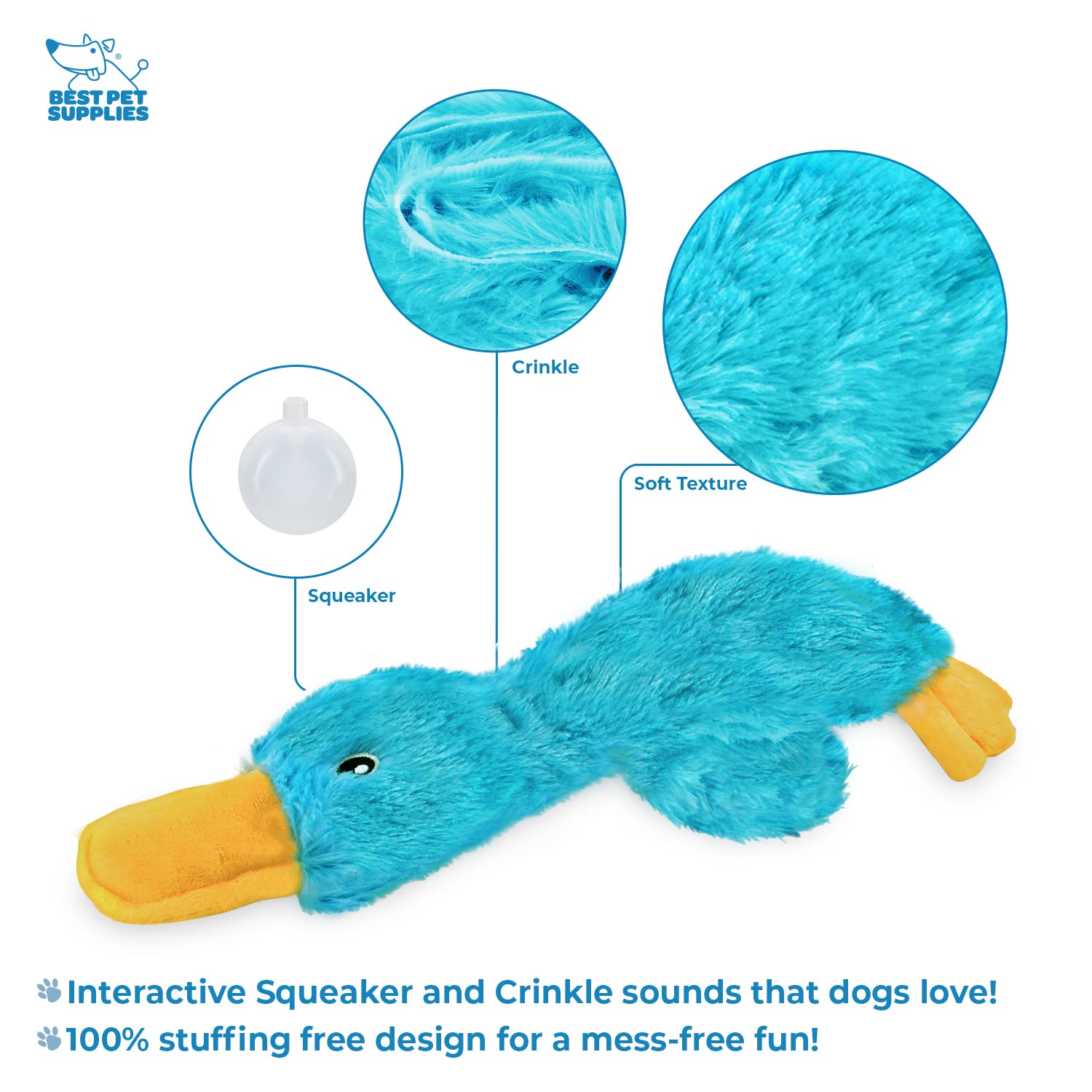 Best Pet Supplies Crinkle Dog Toy for Small, Medium, Cute No Stuffing Duck with Soft Squeaker, Fun for Indoor Puppies and Senior Pups, Plush No Mess Chew and Play - Turquoise, Large