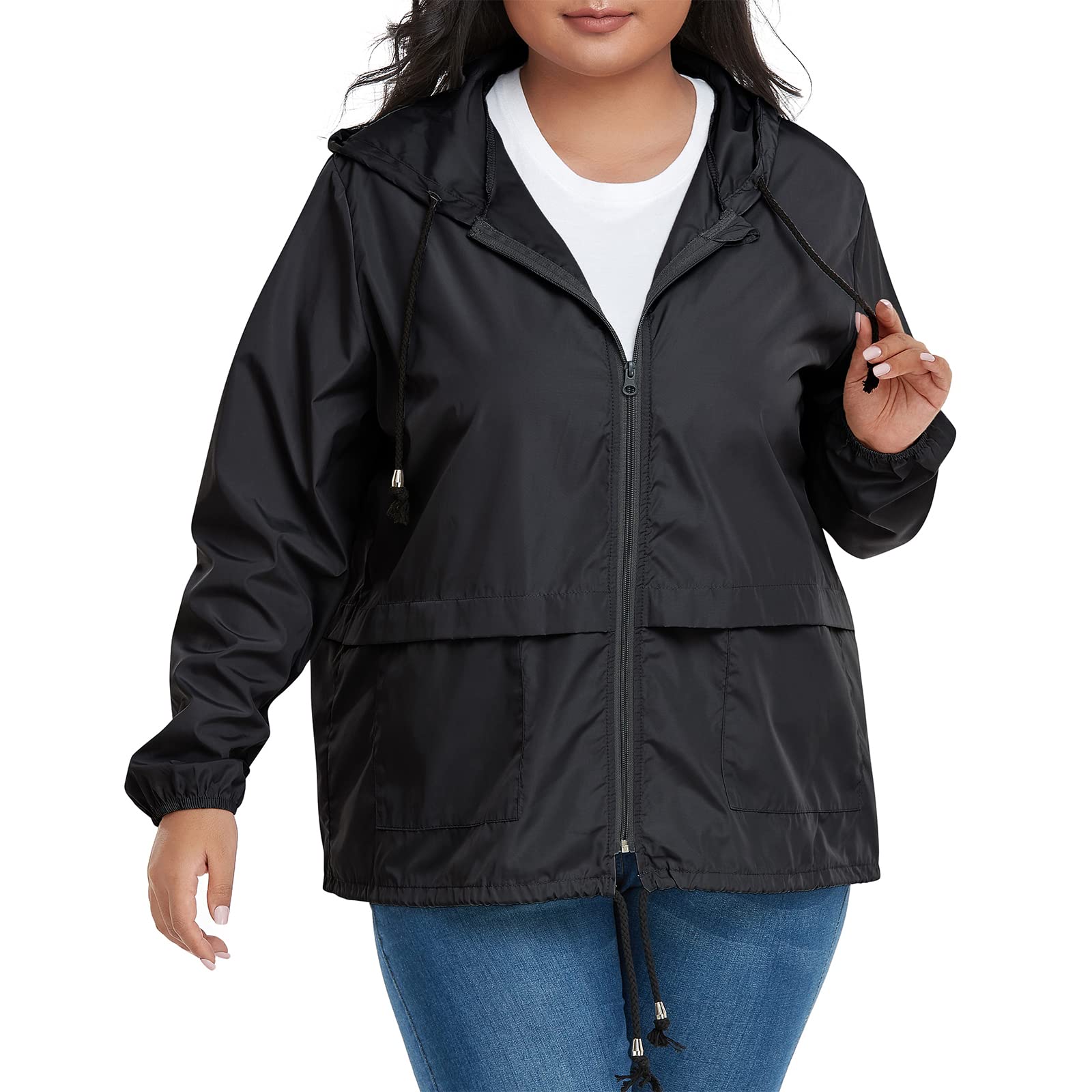 American Trends Plus Size Women Rain Coats Lightweight Waterproof Outdoor Rain Jacket Hooded Packable Windbreaker Jacket for Women A Black 4XL