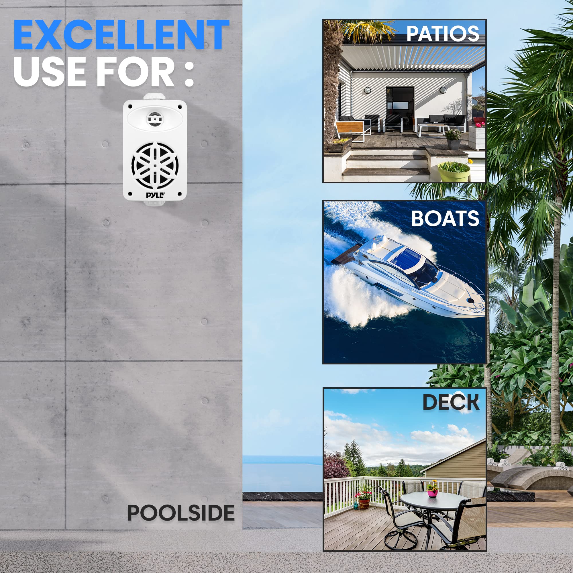 Jovial Bluetooth Indoor Outdoor Speakers Pair-200 Watt Dual Waterproof 3.5β 2-Way Full Range Speaker System w/1/2β High Compliance Polymer Tweeter-Home,Boat,Marine,Deck,Patio,Poolside(White)