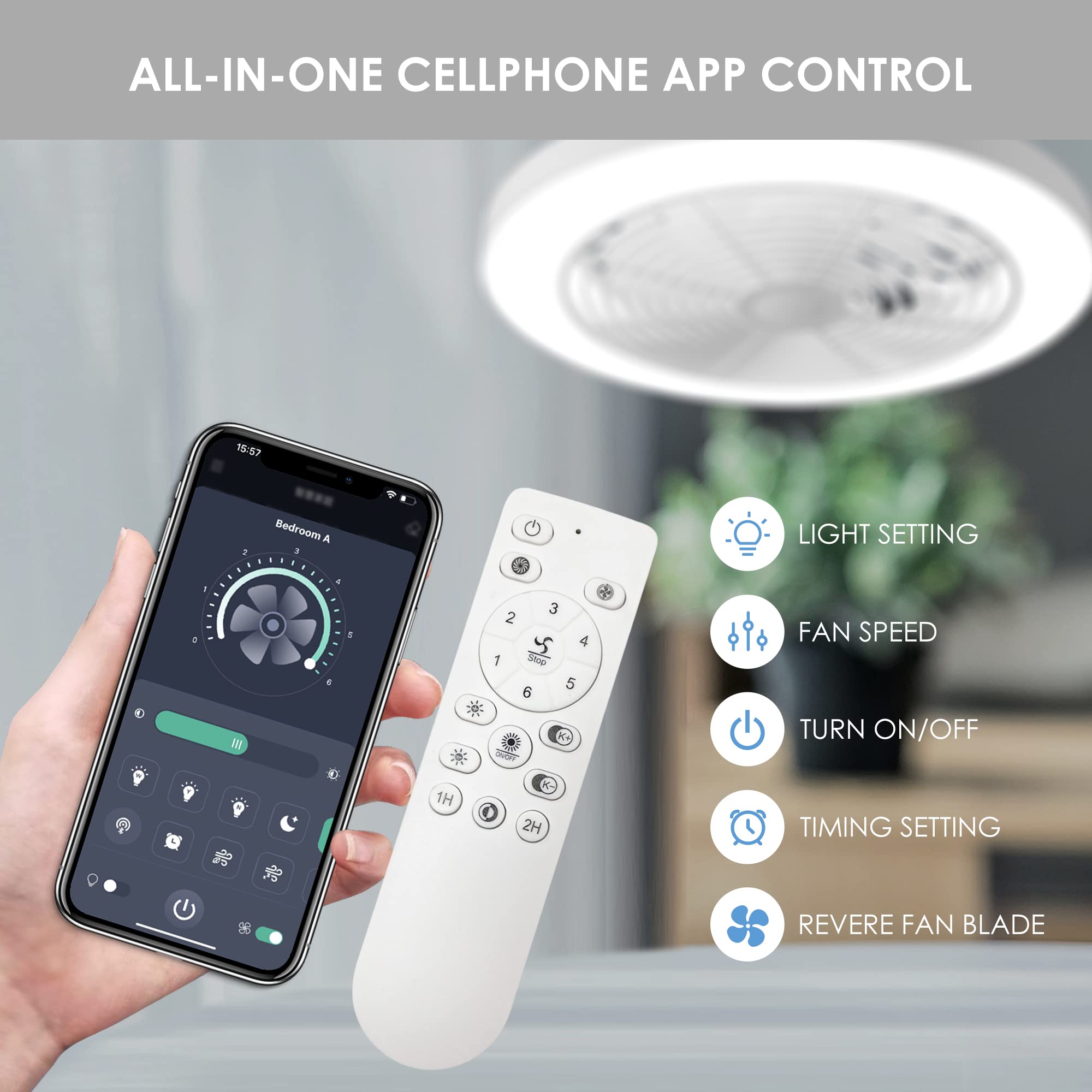 Orison Enclose Low Profile Ceiling Fan with Remote, 19.7" Smart Bladeless ,3 Colors Dimmable LED 6 Speeds 8 Blades for Adult Kids Living Room Bedroom
