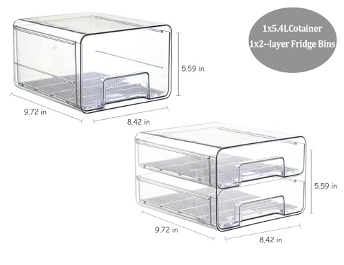 YouLike 2pack Stackable Fridge Drawers Pull Out Bins for Refrigerator Organizer Clear Food Storage Container Set With Drain for Pantry Kitchen Cabinet Office Organization