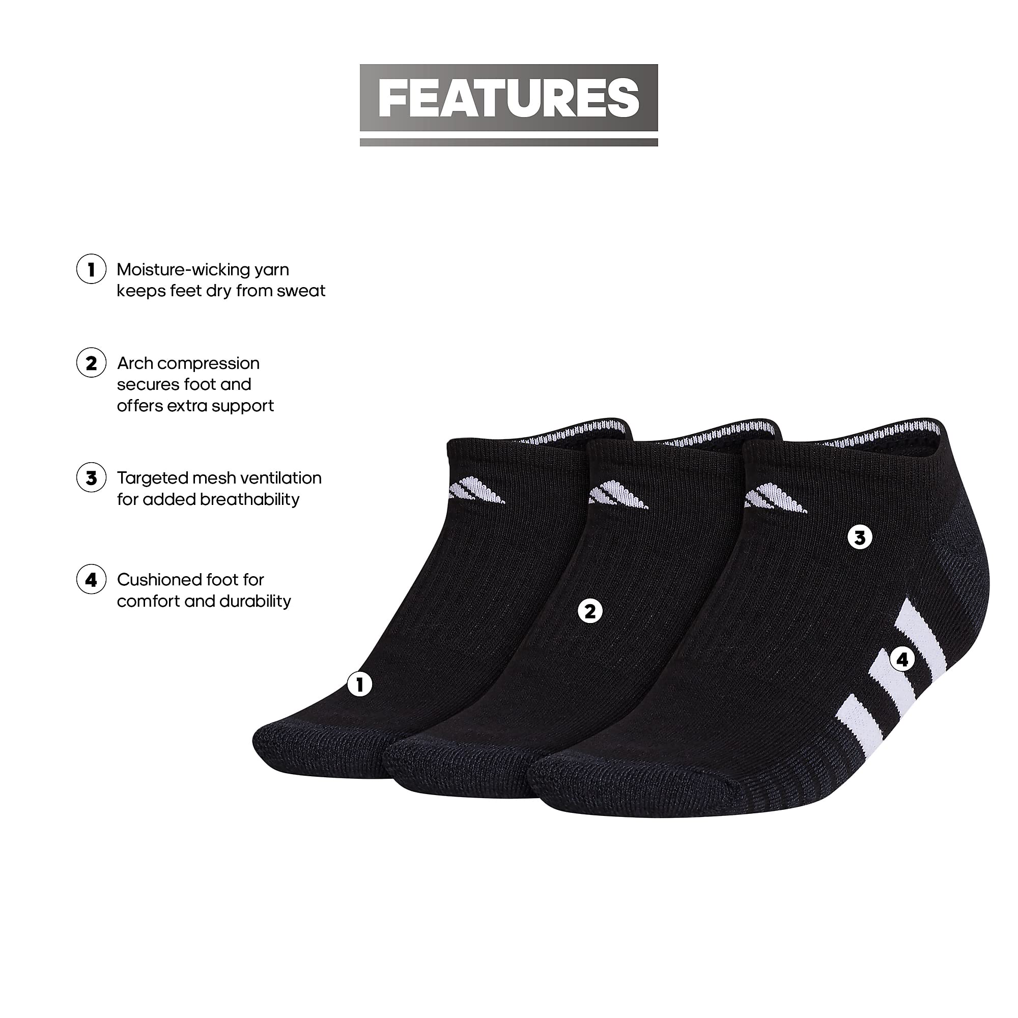 adidas Women's Cushioned No Show Socks (3-Pair) Athletic, Low Profile Look with Arch Compression for a Secure fit, Black/Night Grey/White, Medium