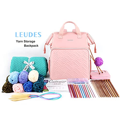 Knitting Bag Backpack,Leudes Yarn Storage Organizer Large Crochet Bag Tote Water Resistant Yarn Holder Case for Carrying Projects, Knitting Needles, Crochet Hooks and Other Accessories (Pink)