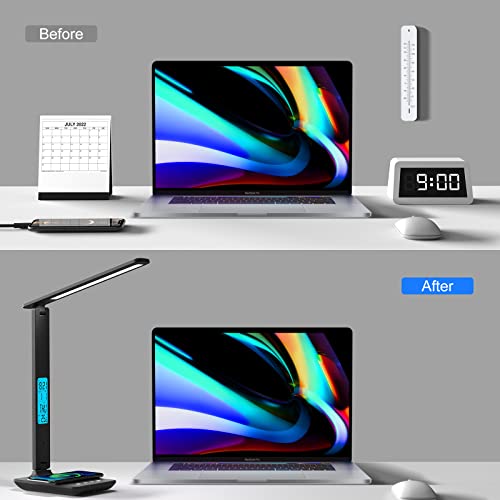 Taodaliy Desk Lamp, LED Desk Lamp with Wireless Chargers and USB Charging Port for Home Office, Desk Light with Alarm Clock, Date and Temperature, Office Desk lamp, Black