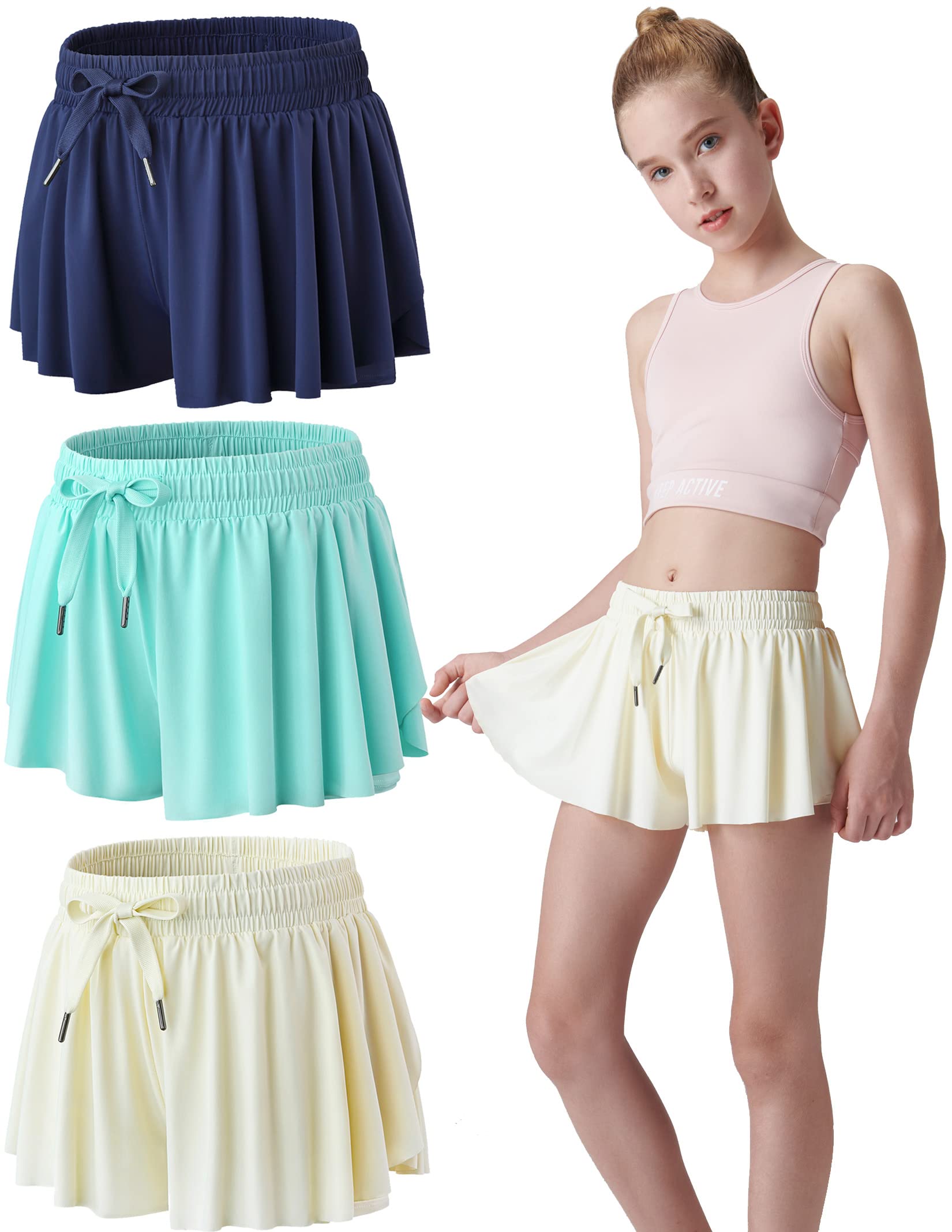 3 Pack Girls Flowy Shorts with Spandex Liner 2-in-1 Youth Butterfly Skirts for Fitness, Running, Sports (Set 1, Youth Medium)