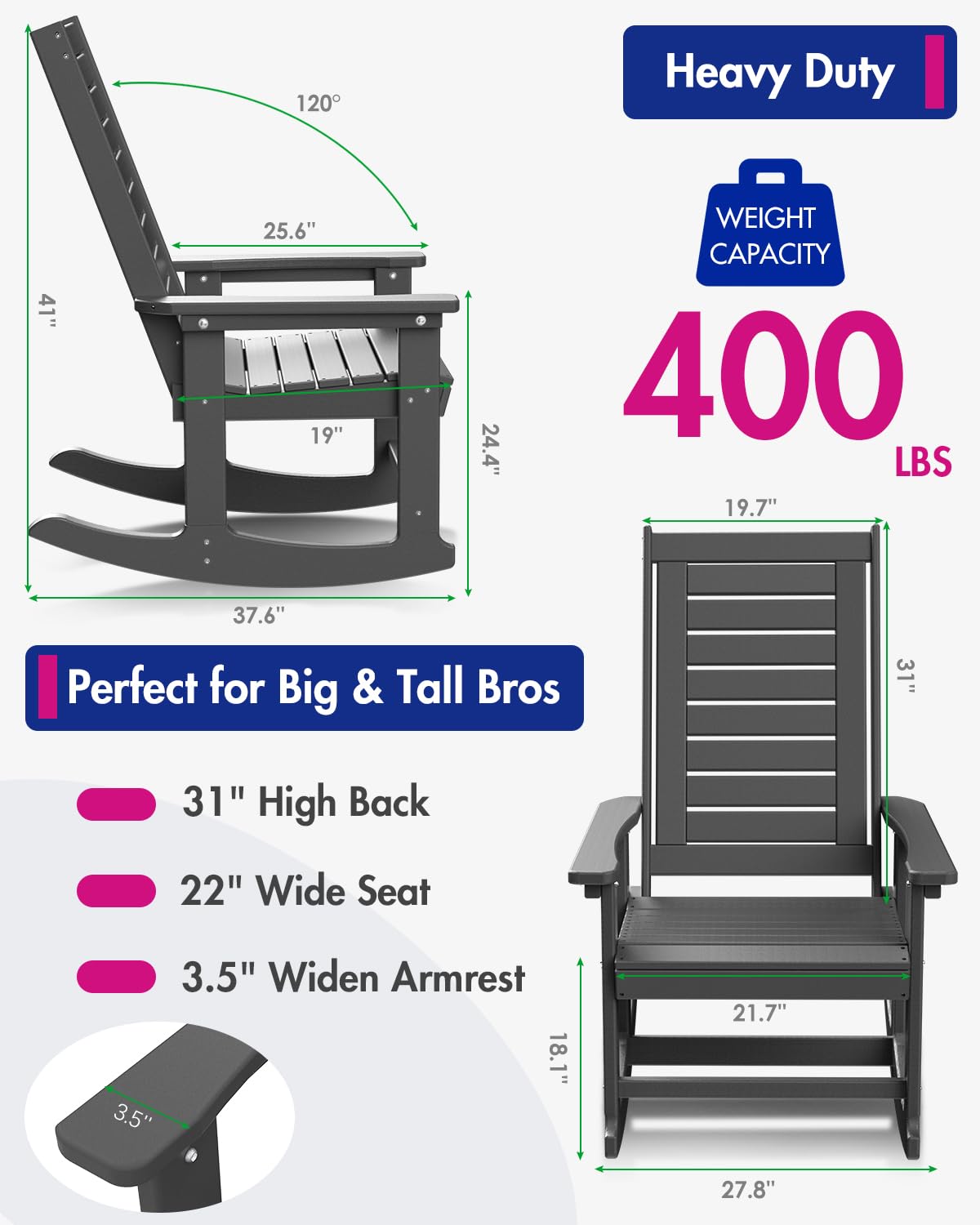 BRIOPAWS Rocking Chair Outdoor | Porch Rocker | HDPE Plastic | Grey | Oversized | Patio Rockers Chairs | High Back | for Big Man | Weather Resistant | for Outside Deck Balcony Front Backyard