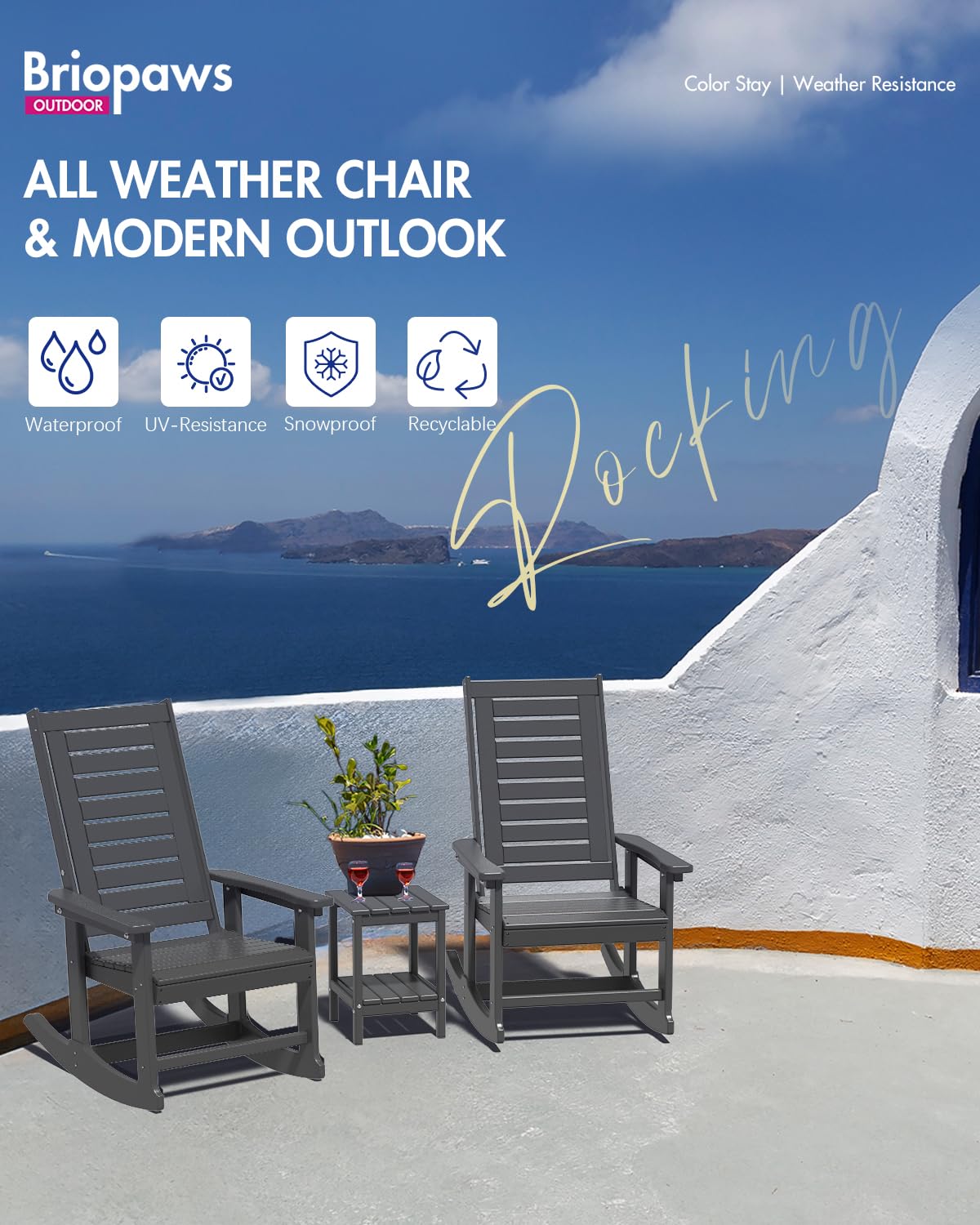 BRIOPAWS Rocking Chair Outdoor | Porch Rocker | HDPE Plastic | Grey | Oversized | Patio Rockers Chairs | High Back | for Big Man | Weather Resistant | for Outside Deck Balcony Front Backyard