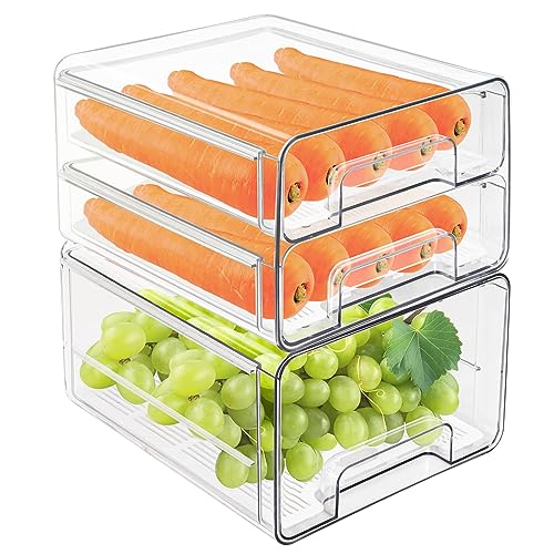 YouLike 2pack Stackable Fridge Drawers Pull Out Bins for Refrigerator Organizer Clear Food Storage Container Set With Drain for Pantry Kitchen Cabinet Office Organization