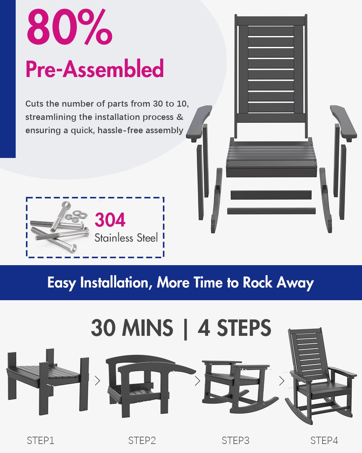 BRIOPAWS Rocking Chair Outdoor | Porch Rocker | HDPE Plastic | Grey | Oversized | Patio Rockers Chairs | High Back | for Big Man | Weather Resistant | for Outside Deck Balcony Front Backyard