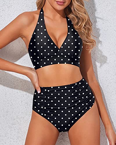 Tempt Me Women Black Polka Dot Two Piece High Waisted Bikini Set Swimsuits Push Up Halter Tummy Control Bottoms Bathing Suits L