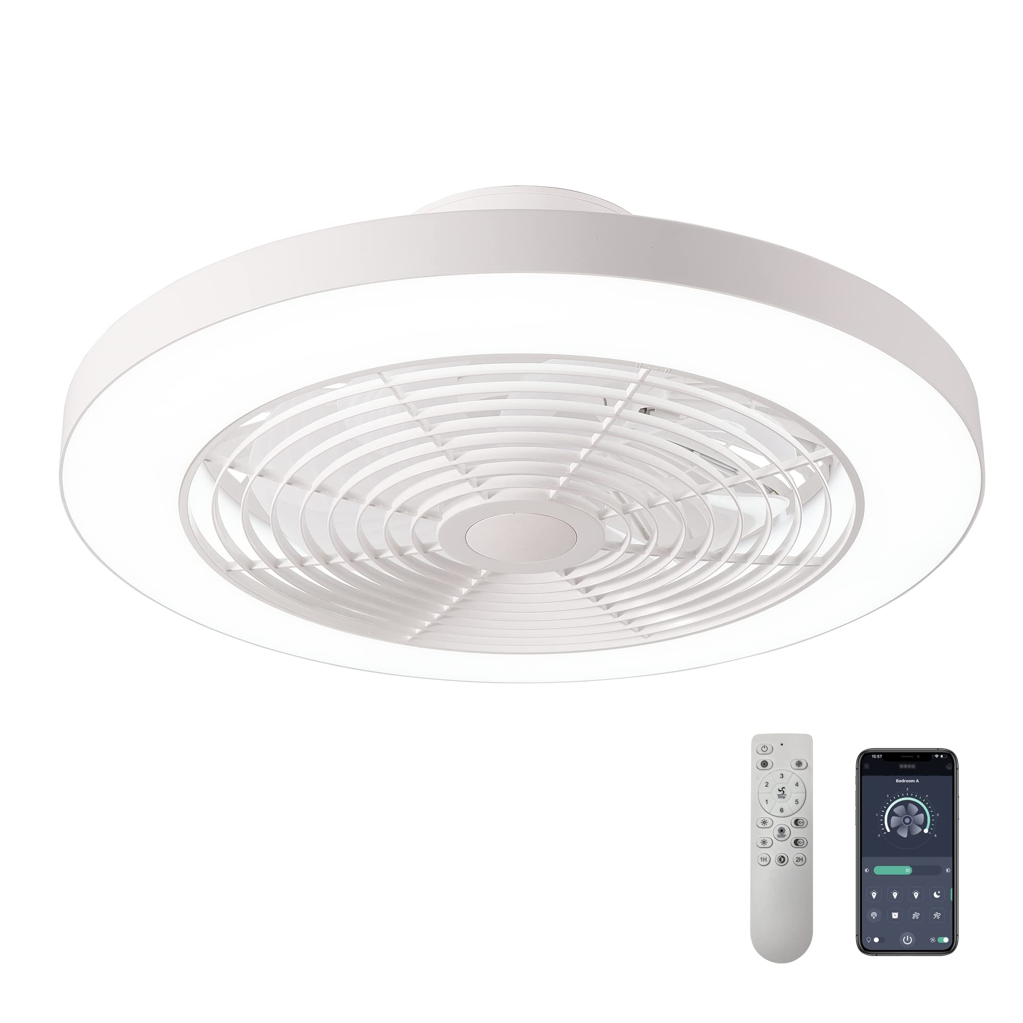 Orison Enclose Low Profile Ceiling Fan with Remote, 19.7" Smart Bladeless ,3 Colors Dimmable LED 6 Speeds 8 Blades for Adult Kids Living Room Bedroom