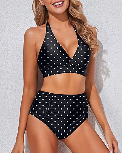Tempt Me Women Black Polka Dot Two Piece High Waisted Bikini Set Swimsuits Push Up Halter Tummy Control Bottoms Bathing Suits L