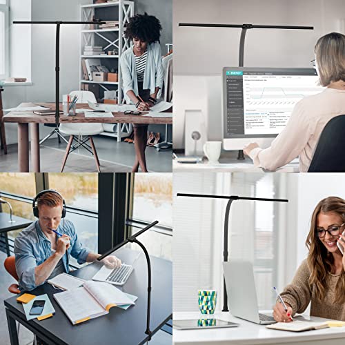 Mostorlit Double Head LED Desk Lamp, Eye Care Architect Tall Task Table Lamp with Clamp, 24W Super Bright Workbench Office Lighting for Monitor Studio Reading (Black)