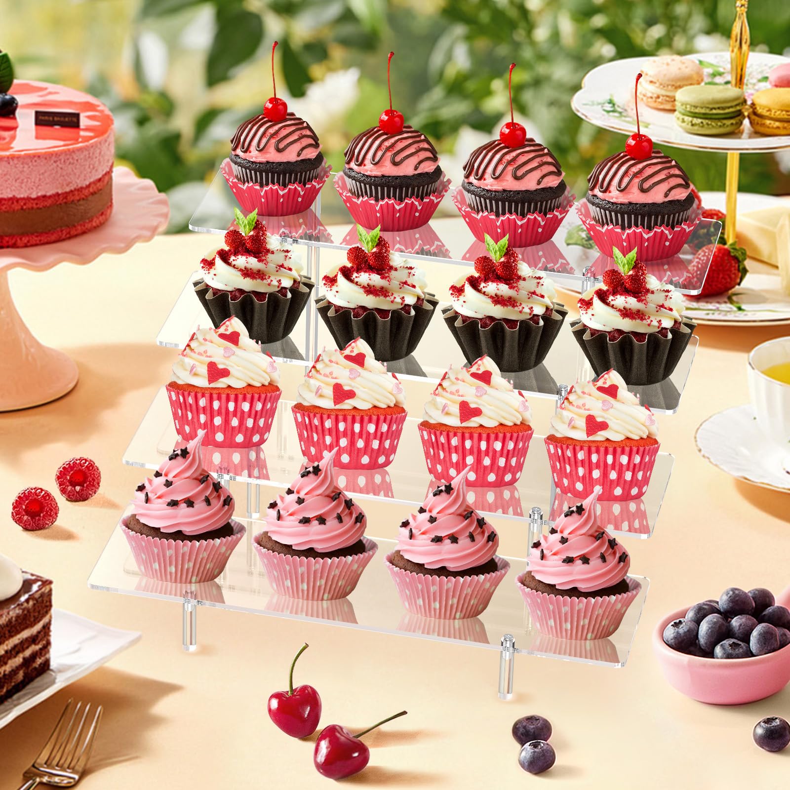 Acrylic Display Riser Stand Shelf Clear 4 Tier Cupcake Stand Perfume Display Holder Figures Desktop Decoration and Organizer Showcase Toys Retail Display Rack Candy Dessert Buffet 4 Step Collection (1 PACK)