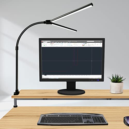 Mostorlit Double Head LED Desk Lamp, Eye Care Architect Tall Task Table Lamp with Clamp, 24W Super Bright Workbench Office Lighting for Monitor Studio Reading (Black)