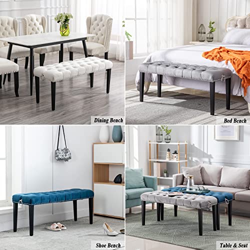 DUOMAY Tufted Ottoman Bench w/Ring Pull, Velvet Dining Bench Entryway Bench Footrest Stool Padded Seat for Living Room Bedroom, Black