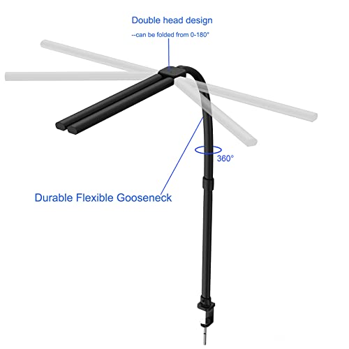 Mostorlit Double Head LED Desk Lamp, Eye Care Architect Tall Task Table Lamp with Clamp, 24W Super Bright Workbench Office Lighting for Monitor Studio Reading (Black)