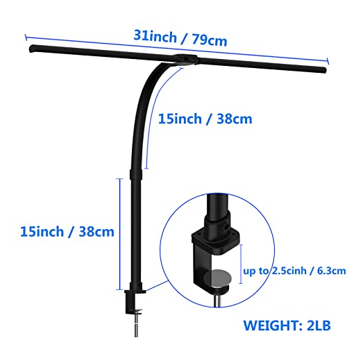 Mostorlit Double Head LED Desk Lamp, Eye Care Architect Tall Task Table Lamp with Clamp, 24W Super Bright Workbench Office Lighting for Monitor Studio Reading (Black)