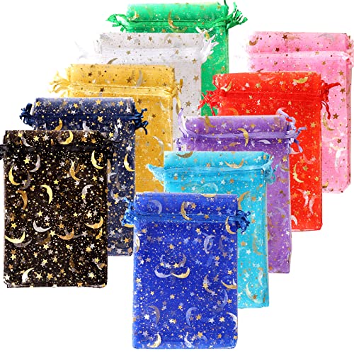 WenTao 100PCS Moon Star Sheer Organza Bags, Mixed Color Wedding Favor Bags with Drawstring, 5x7 Jewelry Gift Bags for Party, Jewelry, Christmas, Festival, Makeup Organza Favor Bags