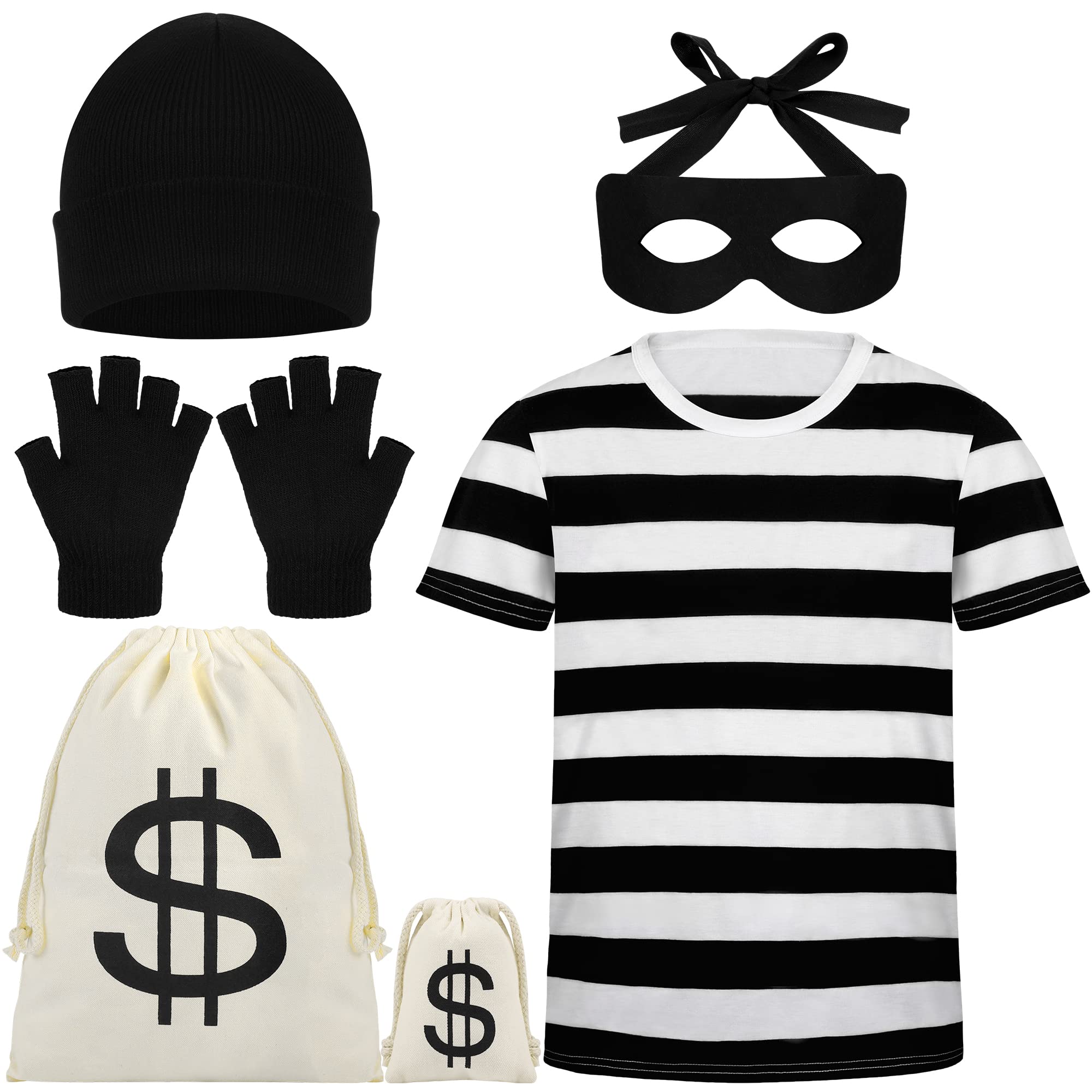 SOMSOC Adult Halloween Robber Costume Set Include Short Sleeves Stripe T-shirt Beanie Cap Dollar Sign Money Bag Eye Mask Half-finger Gloves for Halloween Cosplay Pirate Burglar Theme Party, Small