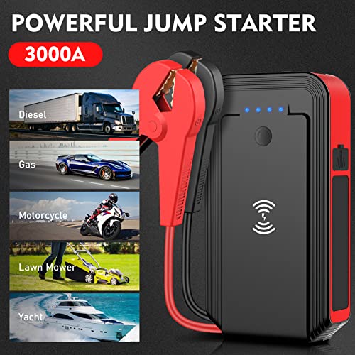 Jump Starter 3000A, Car Battery Jumper Starter Portable, 12V Jump Start Battery Pack up to 7.2L Gas or 8.0L Diesel Engine Jump Starter with Wireless Charging/Power Bank/QC3.0/LED Light