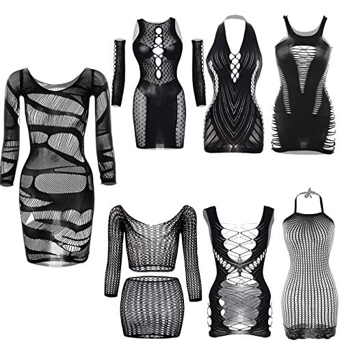 QuneusHot 7 pieces Fishnet Babydoll lingerie Dress Chemise Bikni Cover Outfit Halter Nightwear Long Sleeve S-XXXL Black