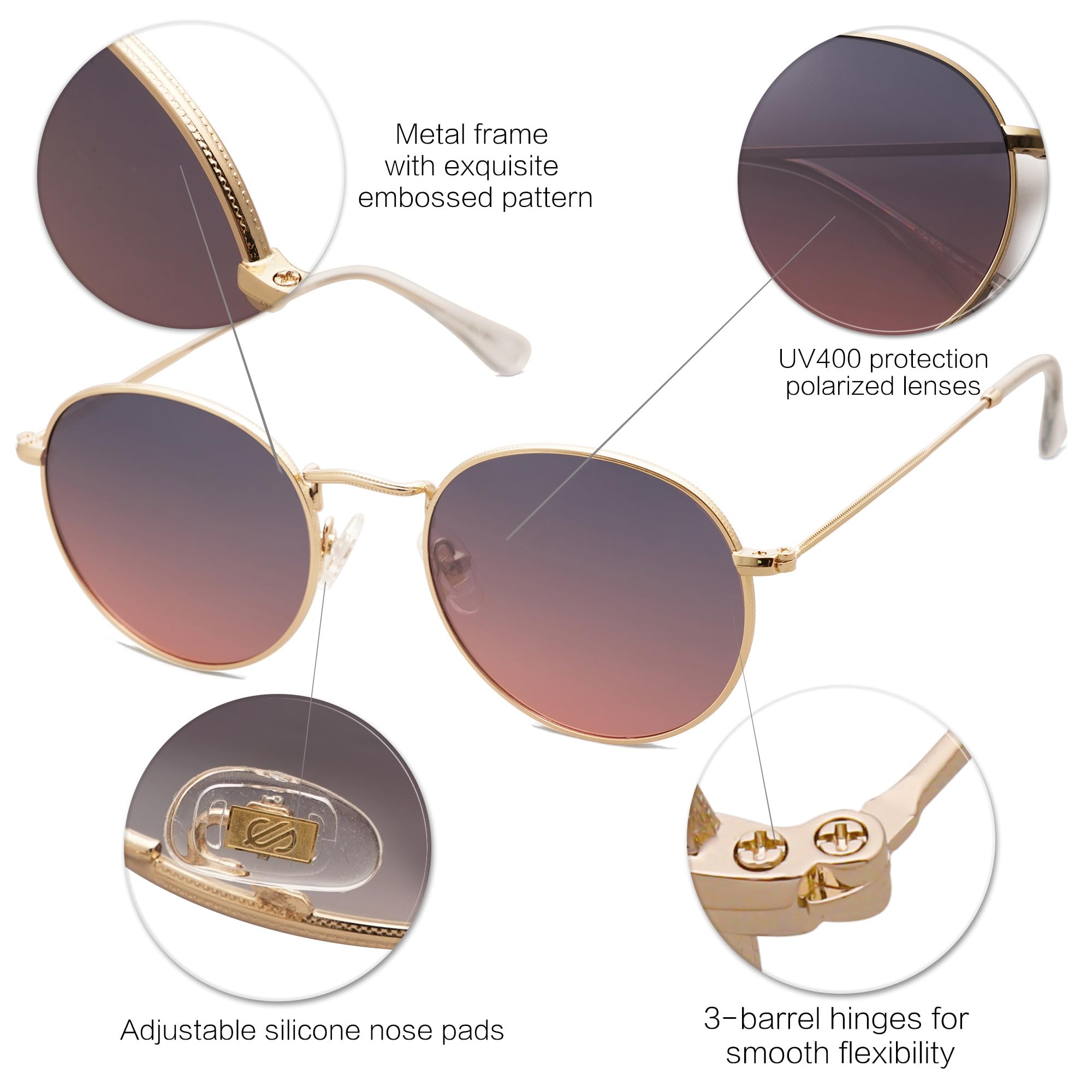 SOJOS Small Round Polarized Sunglasses for Women Men Classic Vintage Retro Shades UV400 SJ1014, Gold/Grey&Pink