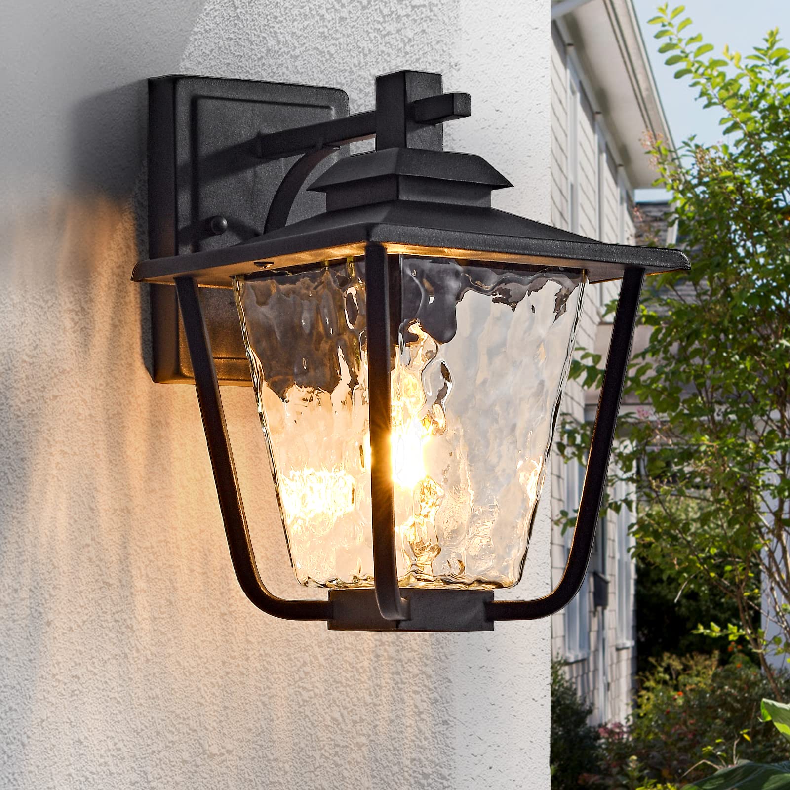 Birsppy pherolion Outdoor Lights for House Exterior Light Fixture Waterproof Outside Lights for House Black with Stone-Patterned Glass Porch Lights Wall Mount for House, Garage, Front Door