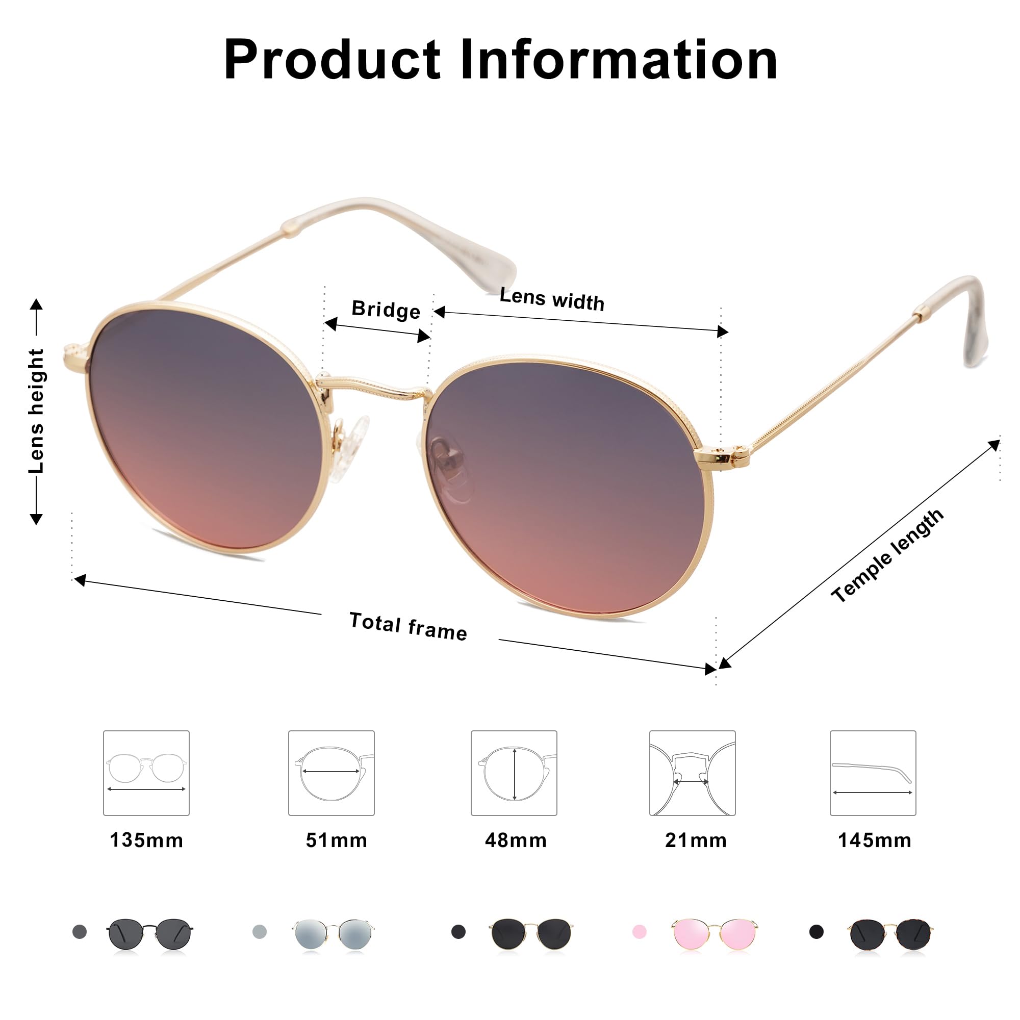 SOJOS Small Round Polarized Sunglasses for Women Men Classic Vintage Retro Shades UV400 SJ1014, Gold/Grey&Pink