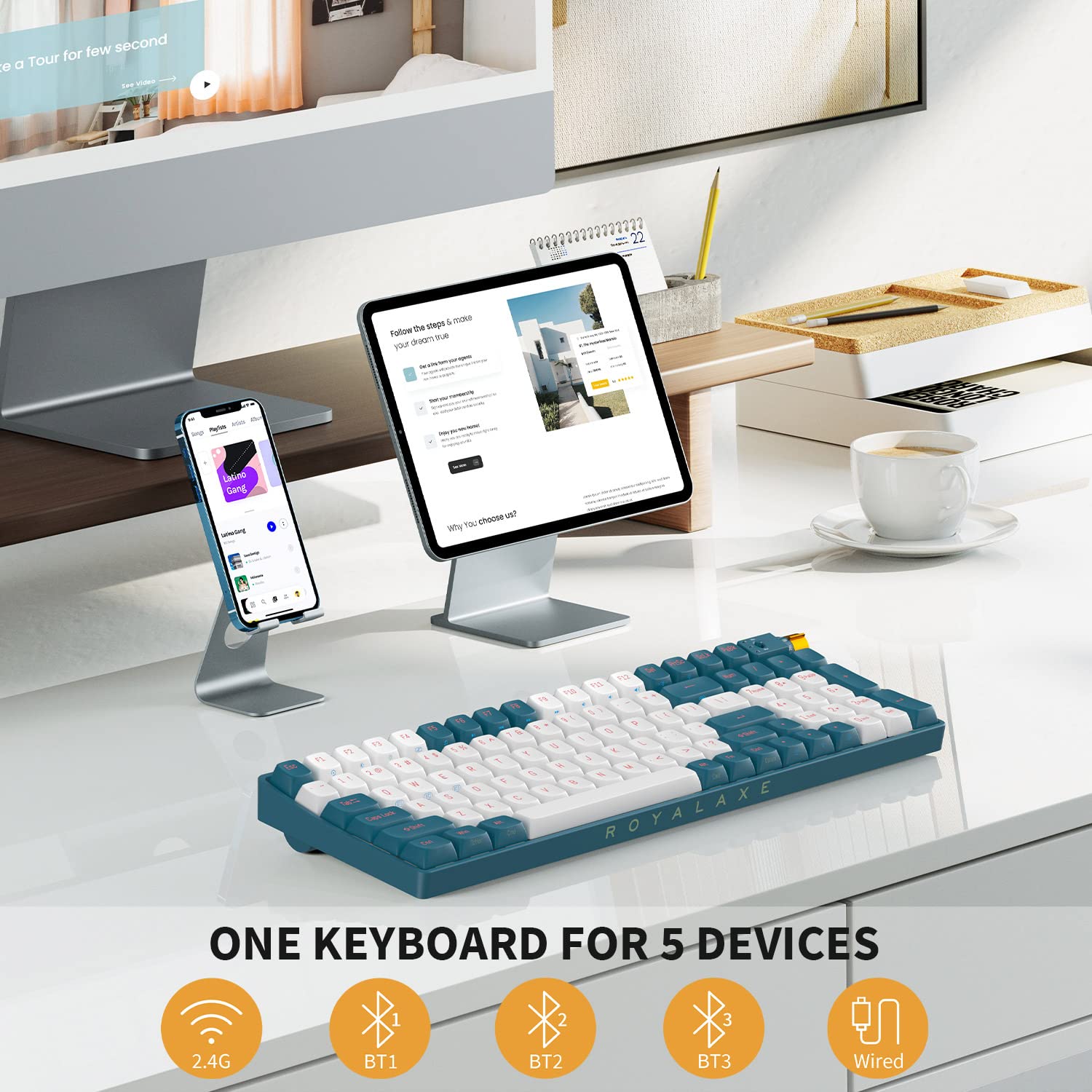 ROYALAXE X ProtoArc R100 Wireless Mechanical Keyboard, Hot-swappable Wired/Bluetooth 5.0/2.4G Wireless Keyboard w/RGB Backlit for Windows & Mac, PBT Keycaps, Multi-Device, Gateron G Yellow Pro Switch