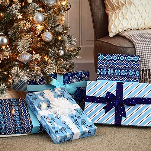 Hallmark Holiday Designed Shirt Boxes, Snowy Blues (Pack of 12) Snowflakes, Stripes, Sweater Pattern, Reindeer