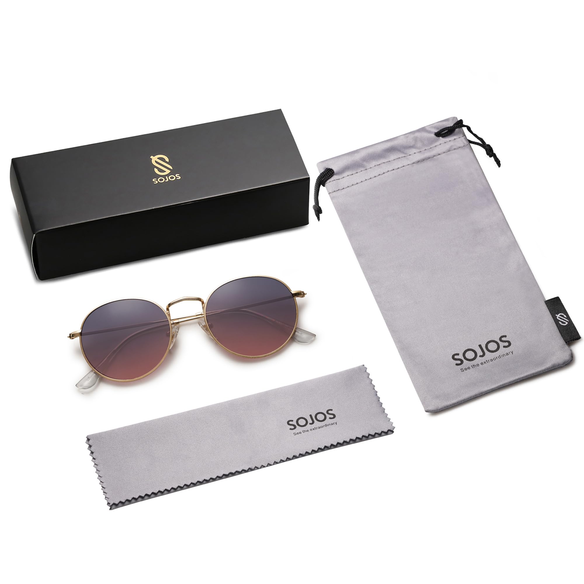 SOJOS Small Round Polarized Sunglasses for Women Men Classic Vintage Retro Shades UV400 SJ1014, Gold/Grey&Pink
