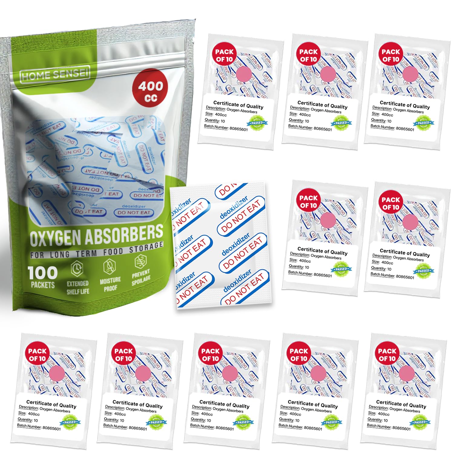 400cc Oxygen Absorbers for Food Storage 100 Pack - Sealed Packs of 10 for Freshness - Ideal for Mylar Bags, Mason Jars, and Freeze Dried Foods. Moisture Proof, Prevents Spoilage, Extends Shelf Life