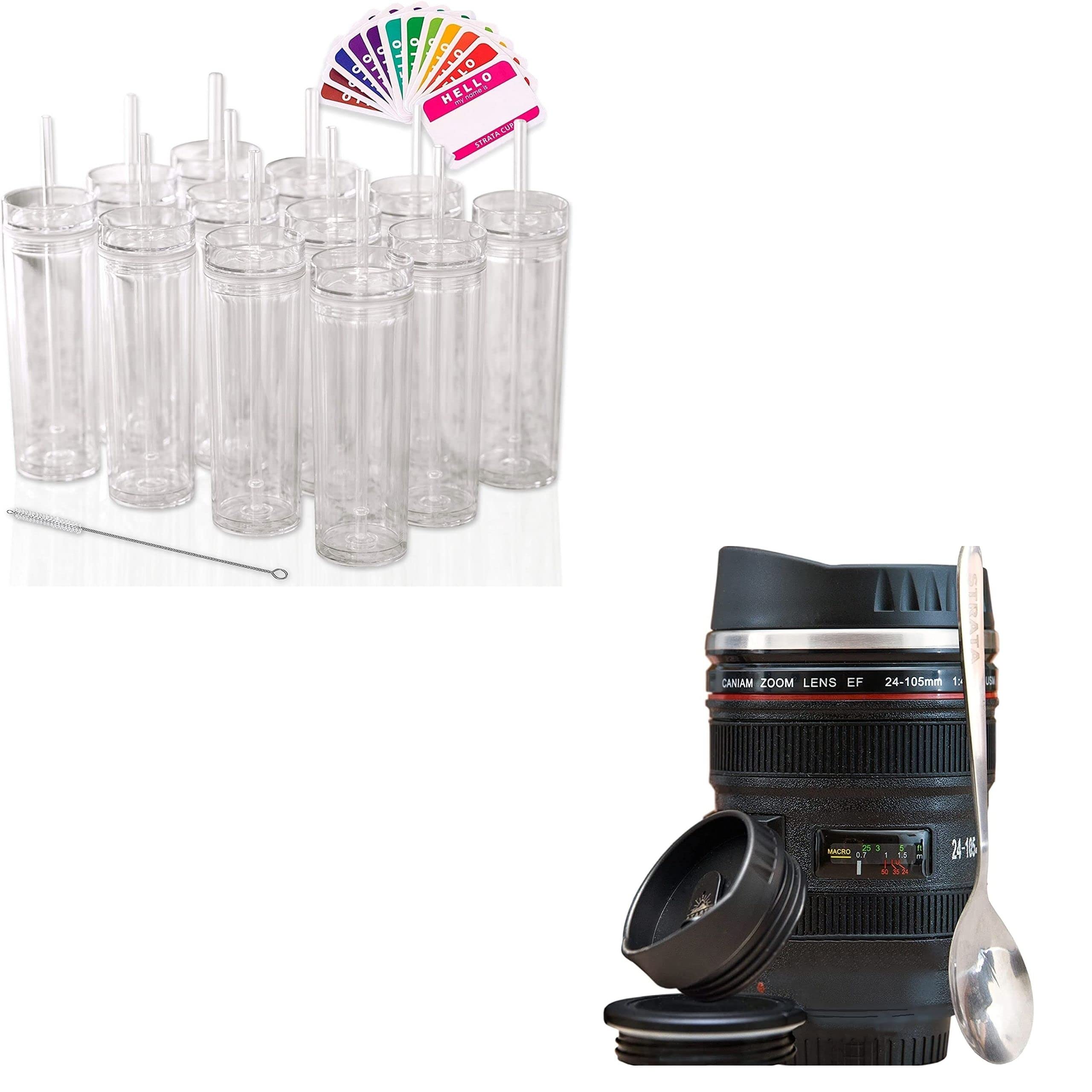 STRATA CUPS BUNDLE! 16 oz Clear Acrylic Tumblers (12 pack) + 13.5 oz Camera Lens Coffee Mug