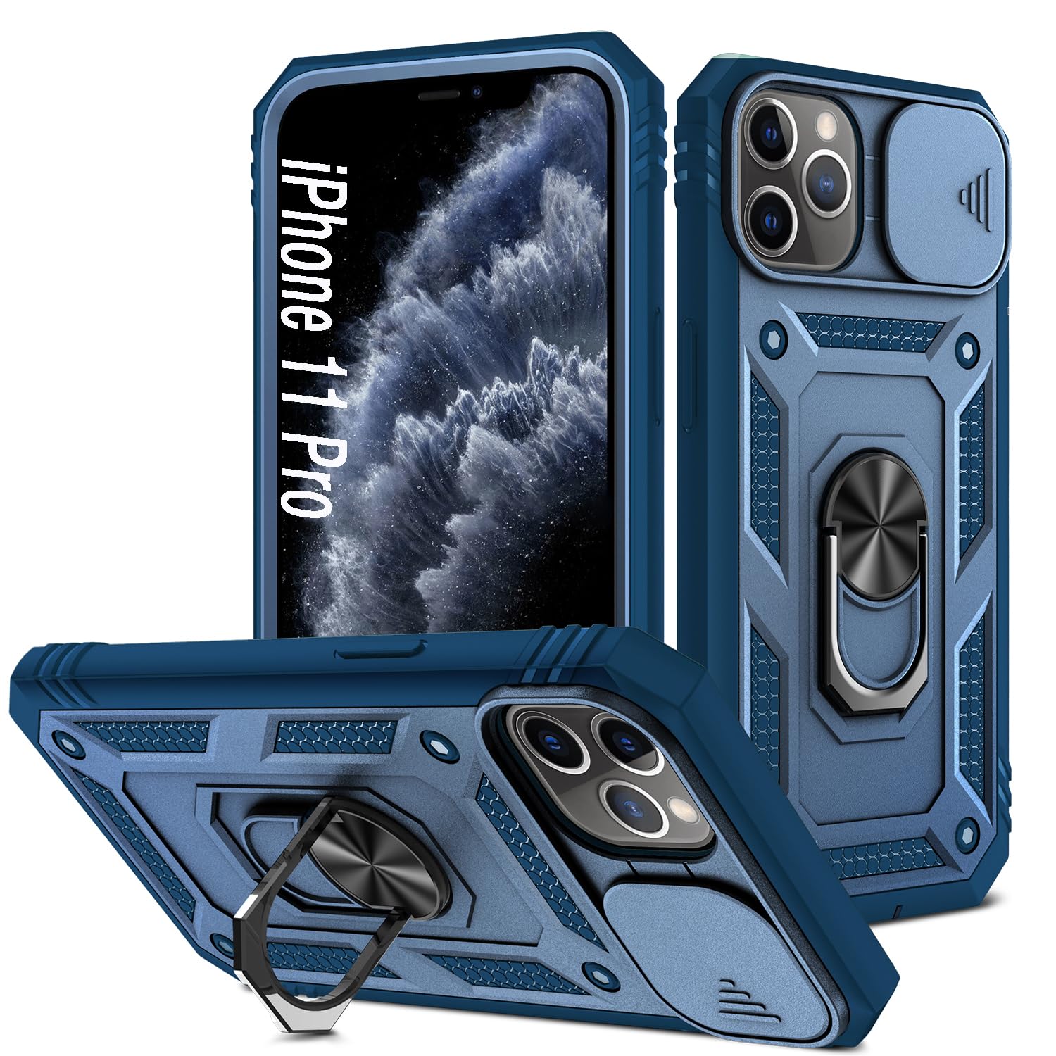 DAWEIXEAU Case for iPhone 11 Pro, Shockproof Impact Resistant with Slide Lens Protective Cover Case for iPhone 11 Pro (5.8 inch) (Blue)