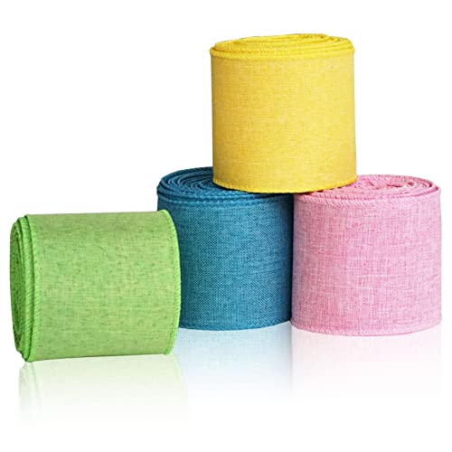Cintago 4 Rolls Easter Ribbon Wired, Burlap Pastel Easter Ribbon, Wired Ribbon for Easter Wreath Decor, Pink, Yellow, Blue and Green, 2 1/2 inches, 24 Yards