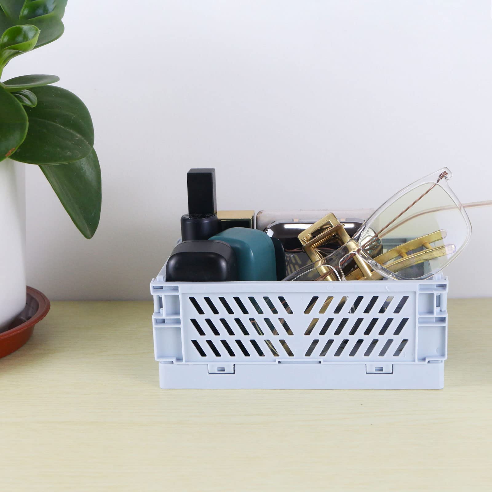 Tixill 2-Pack Mini Foldable Plastic Baskets for Organizing and Storage, Collapsible Storage Crate for Home Kitchen Bedroom Bathroom Office (5.9x3.8x2.2, Blue)