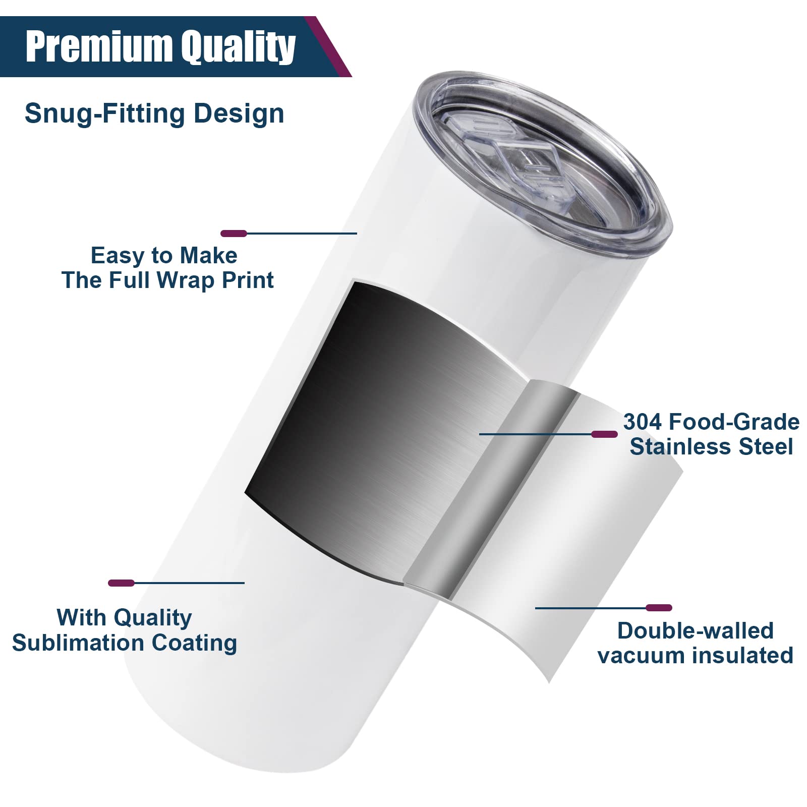 BAUMFEUER 1 Pack Sublimation Tumblers bulk 20 OZ Straight Skinny Stainless Steel Double Wall Insulated Sublimation Water Bottles Blank with Lid, Individually Box, for Heat Transfer Press