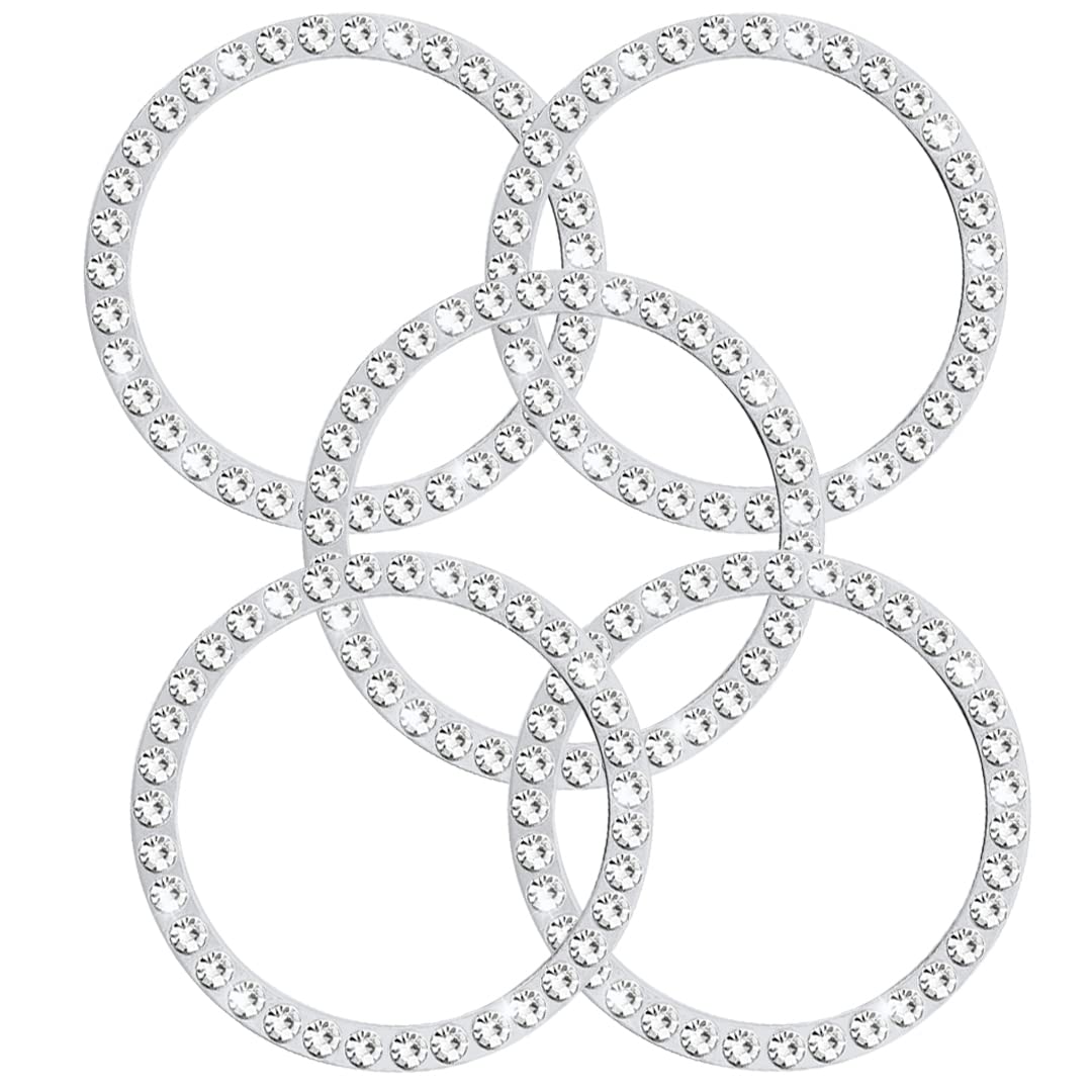 6 Pcs Bling Car Decor Crystal Rhinestone Ring Emblem Sticker, Engine Start Stop Decoration Ring Car Interior Accessories for Women, Push to Start Button Cover, Key Ignition & Knob Bling Ring, Silver